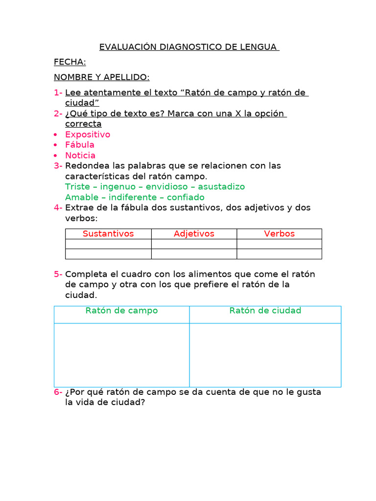 Evaluación Diagnostico de Lengua | PDF