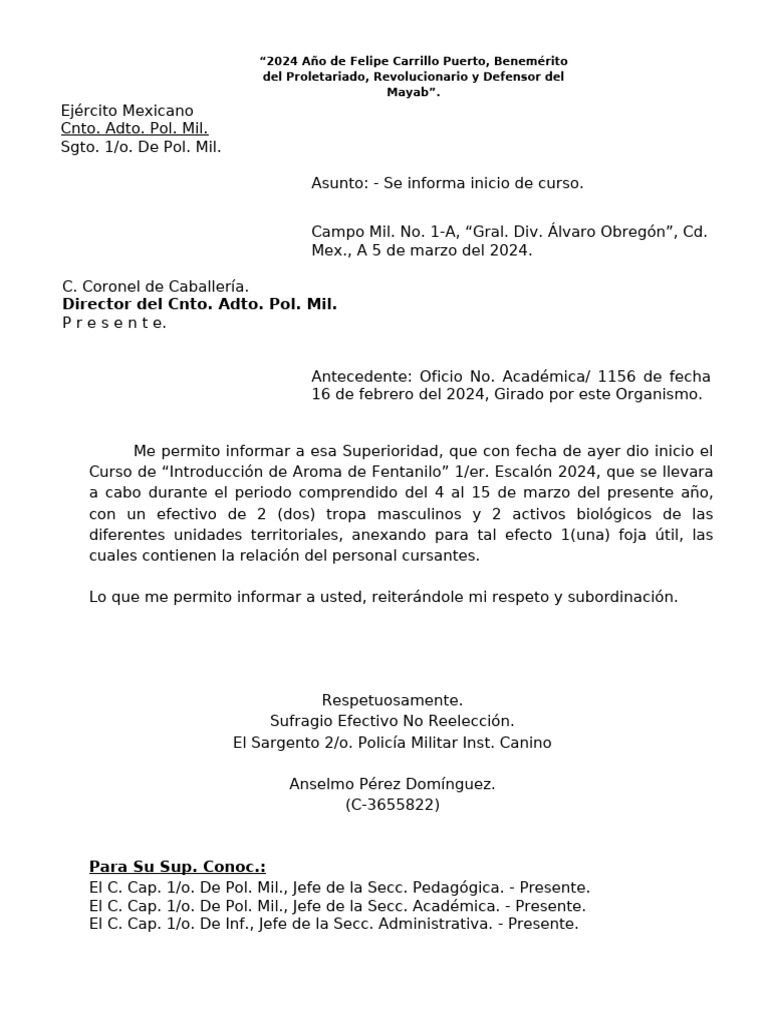 Oficio de Inicio Curso y Certificados Medicos | PDF