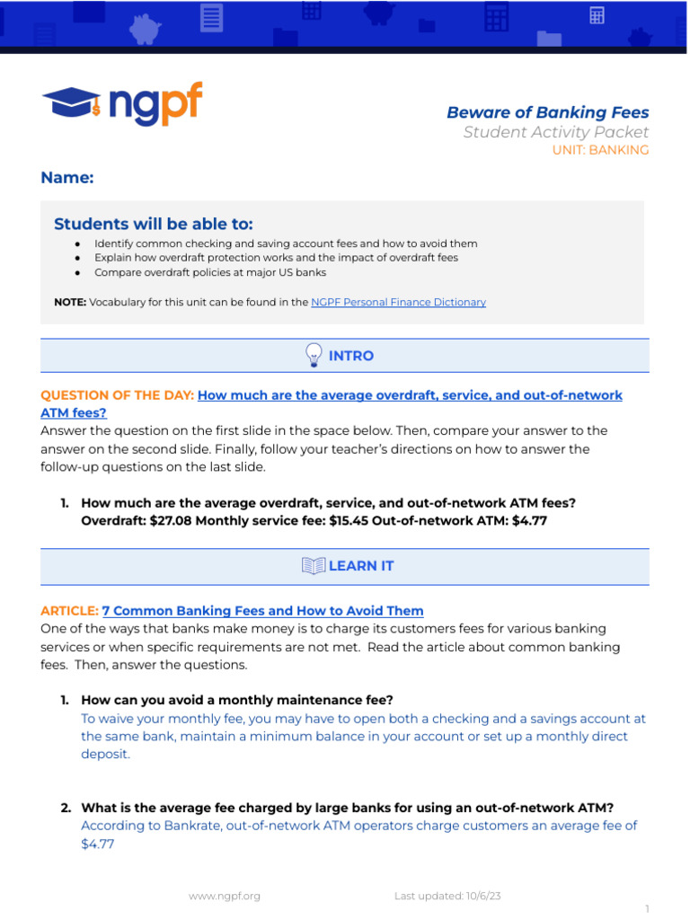 Copy of Beware of Banking Fees Student Activity Packet | PDF ...
