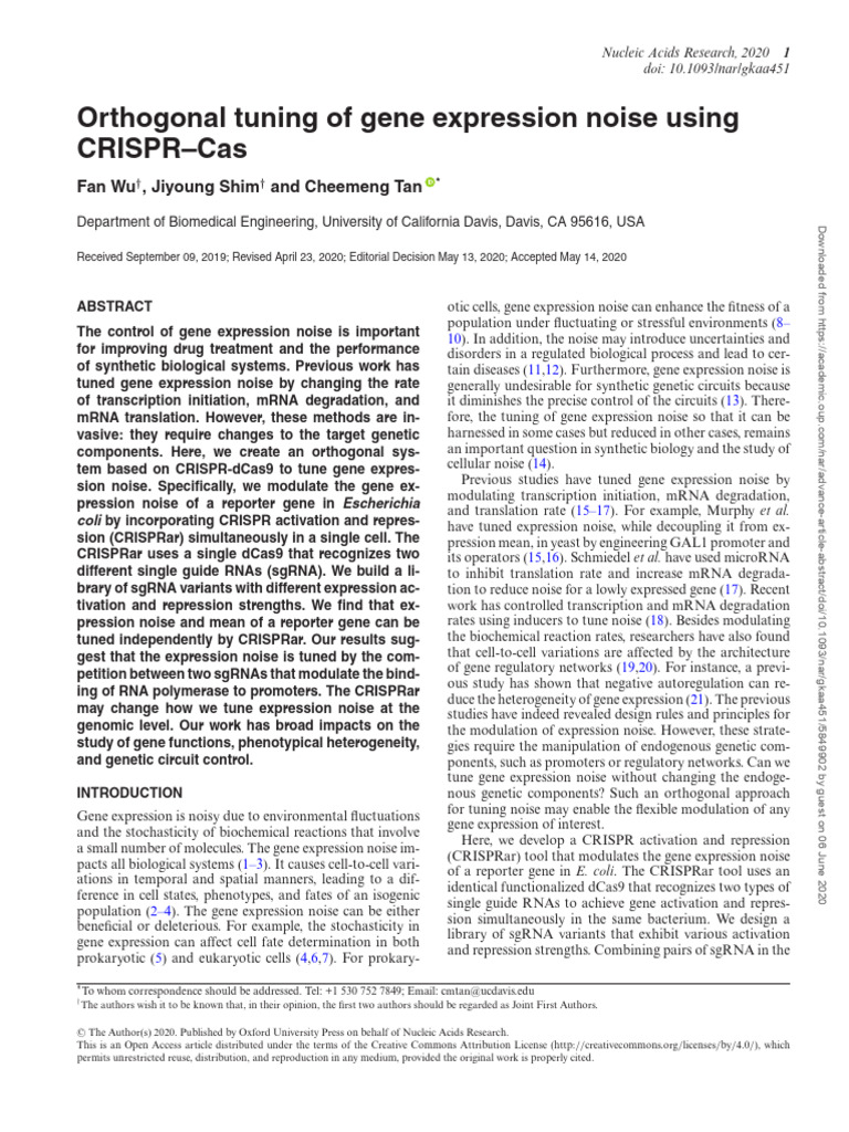 2020 - Orthogonal Tuning of Gene Expression Noise Using CRISPR-Cas - Nucleic Acids Research ...