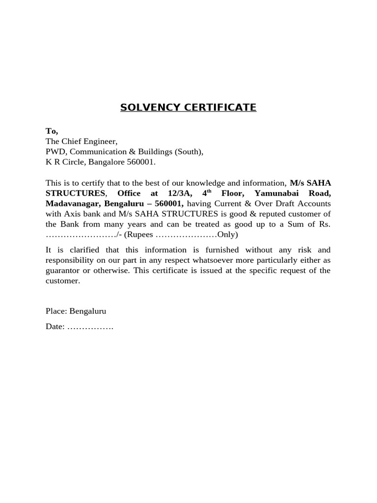 Solvency Certificate 1 | PDF