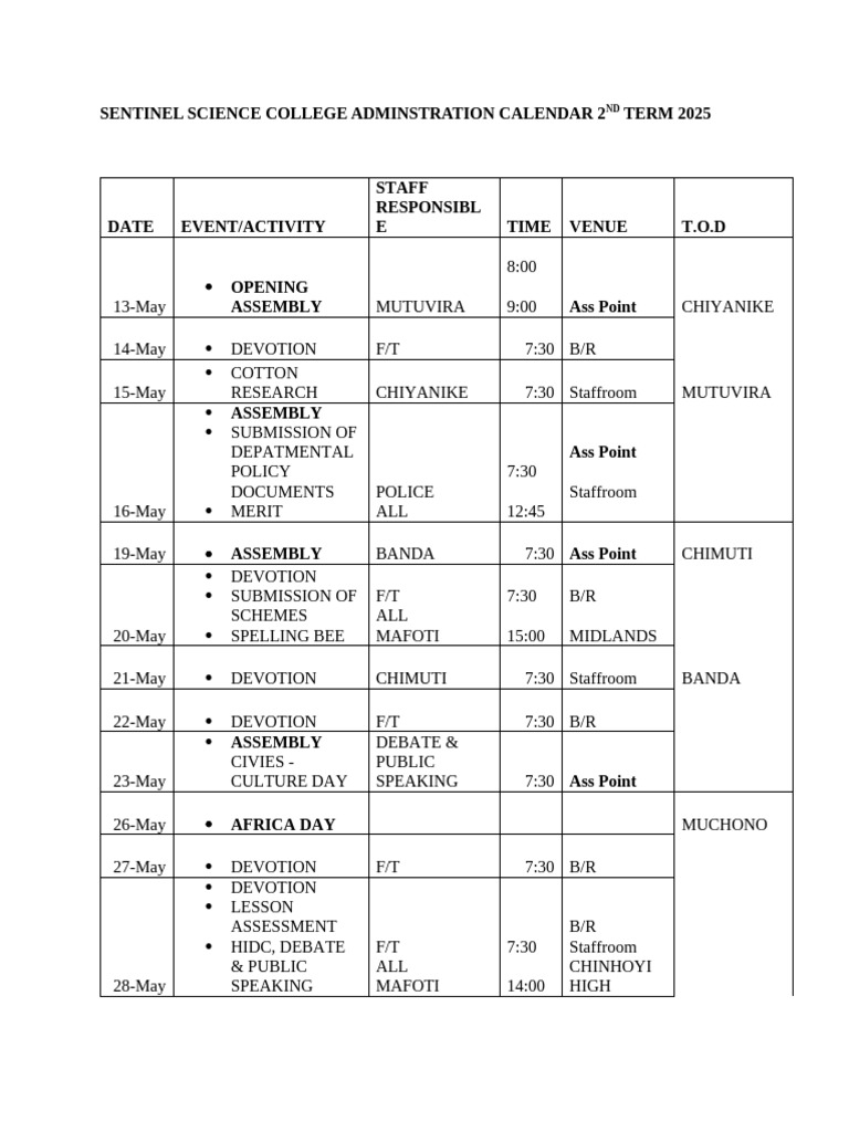 Sentinel Science College Adminstration Calendar 2ND Term 2025 | PDF
