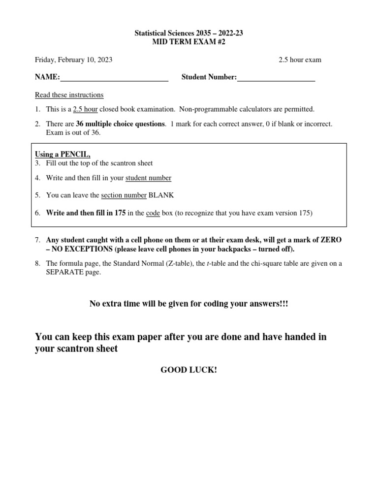 Stats 2035 Midterm 2 From 2022-23 | PDF | P Value | Statistics