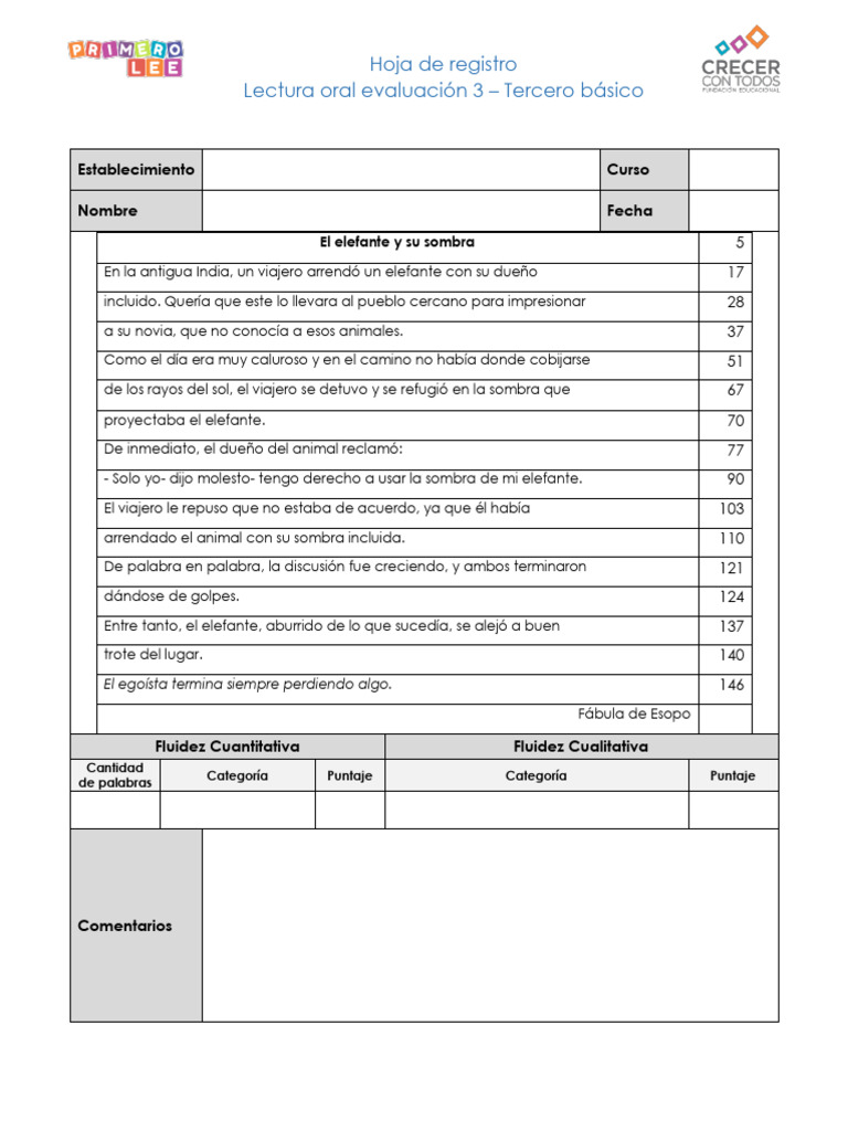 Hoja de registro Evaluación 3_ 3° básico | PDF