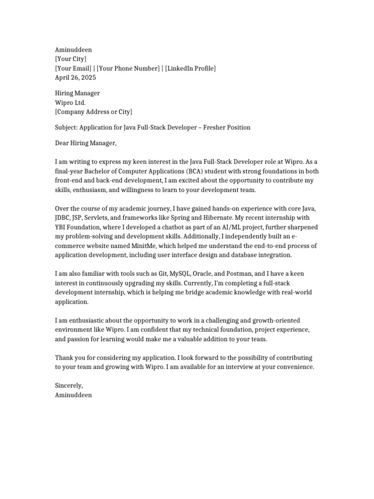 Aminuddeen Wipro Cover Letter | PDF