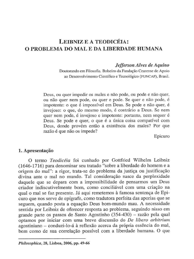 Leibniz e A Teodiceia o Problema Do Mal | PDF | Liberdade | Deus