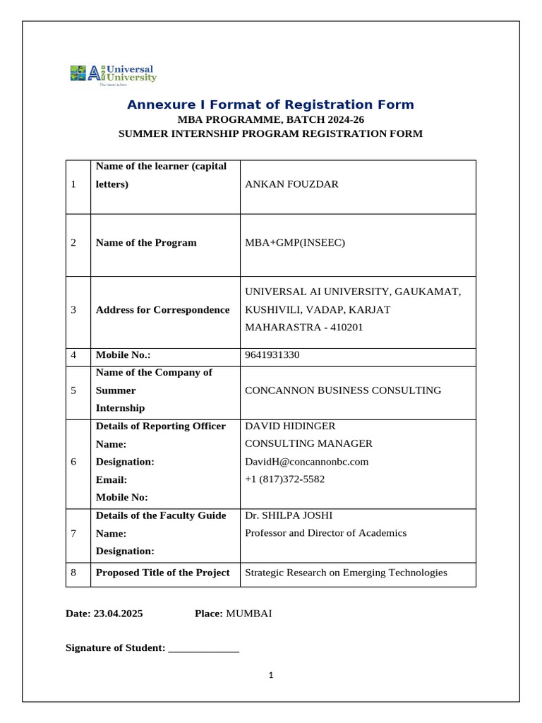 SIP Registration Form | PDF