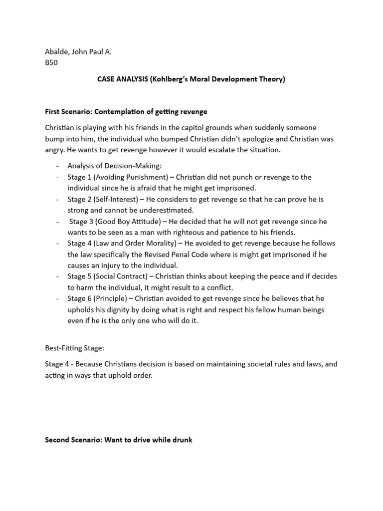 CASE ANALYSIS (Kohlberg's Moral Development Theory) | PDF | Punishments ...