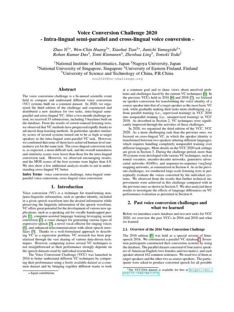 Voice Conversion Challenge 2020 - Intra-Lingual Semi-Parallel and Cross-Lingual Voice Conversion ...