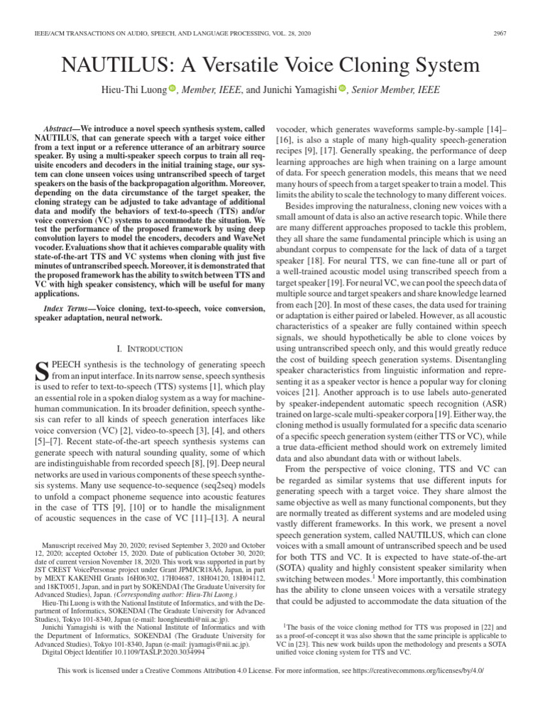 NAUTILUS A Versatile Voice Cloning System | PDF | Speech Synthesis ...