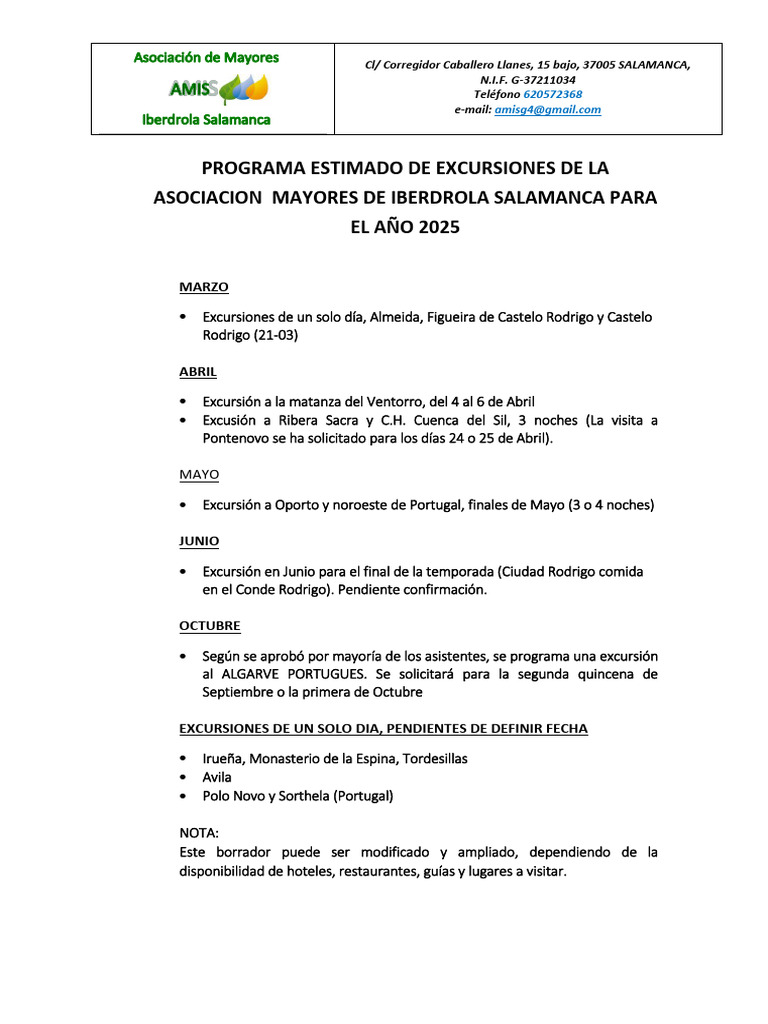 Borrador Programa Excursiones 2025-2 | PDF