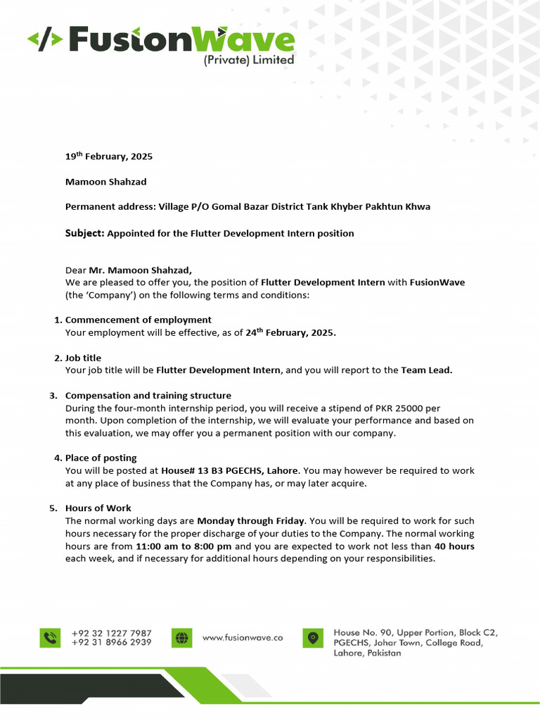 Flutter Development Intern Offer Letter | PDF | Employment ...
