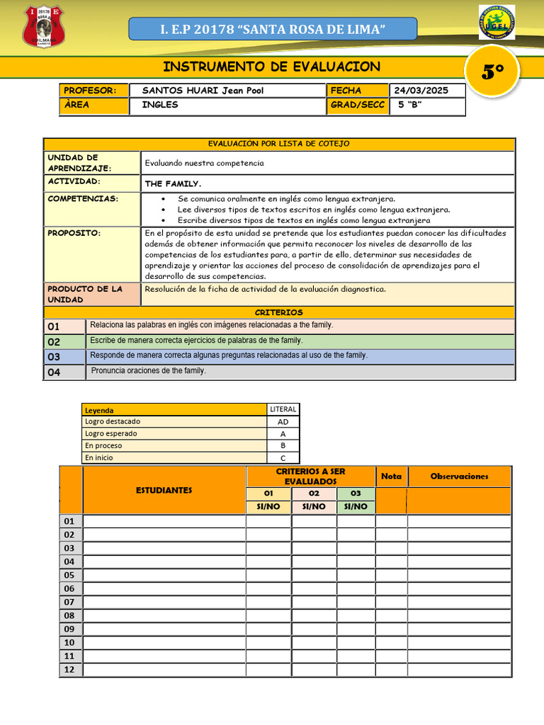 5°lista de Cotejo Actv o - Ingles 2025 | PDF | Evaluación | Aprendizaje