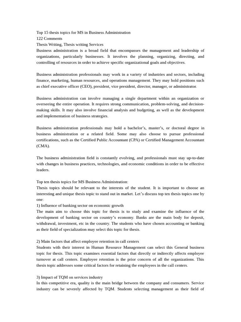 Top 15 MS Business Administration Thesis Topics | PDF | Marketing ...