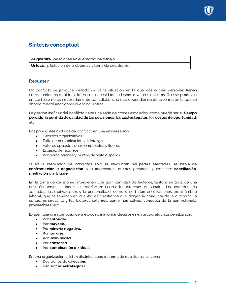 U3 RESUMEN Solución de Problemas y Toma de Decisiones | PDF | Conflicto (proceso) | Mediación