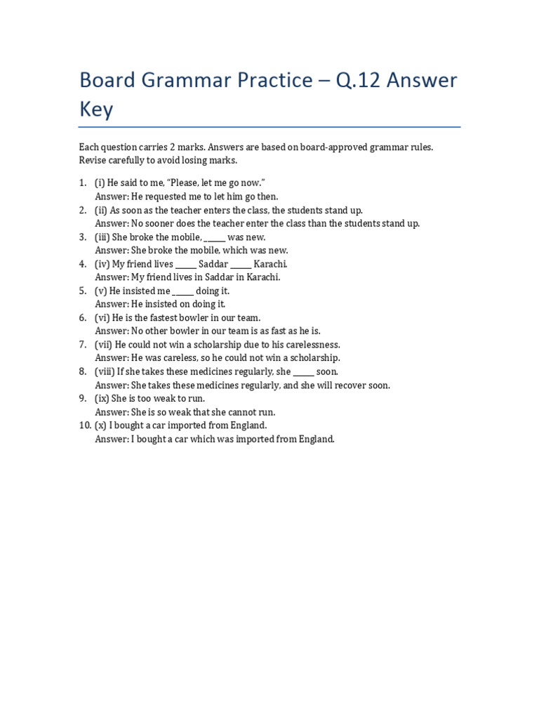 Board Grammar Q12 Answers | PDF