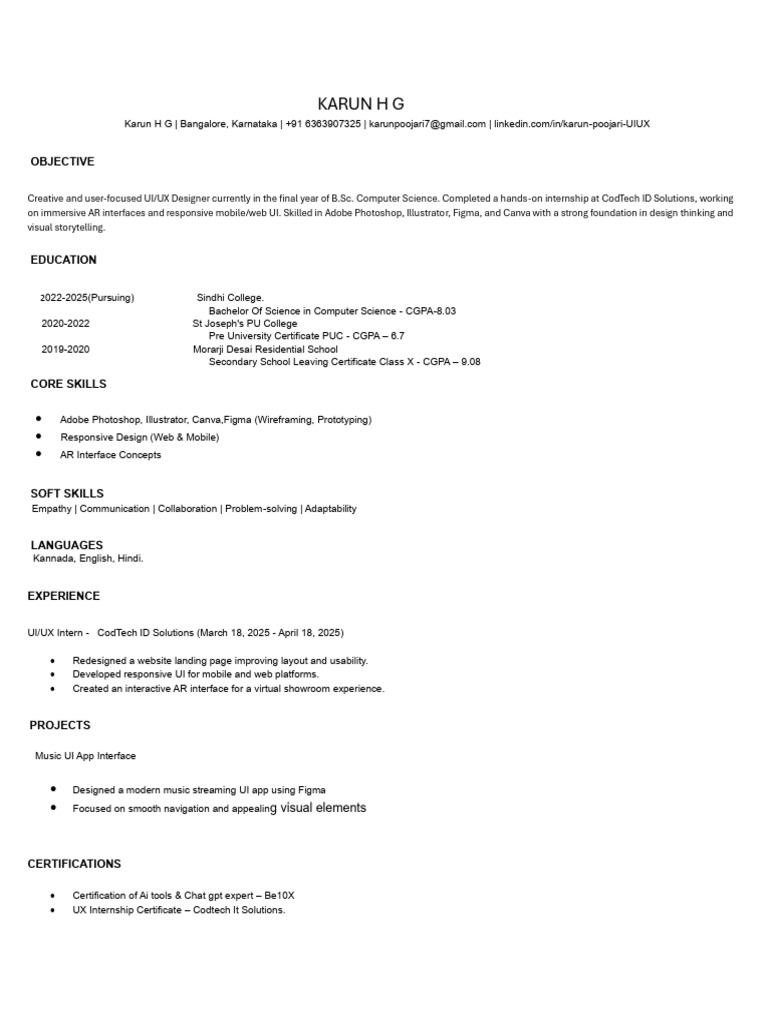 UI/UX Designer Profile: Karun H G | PDF