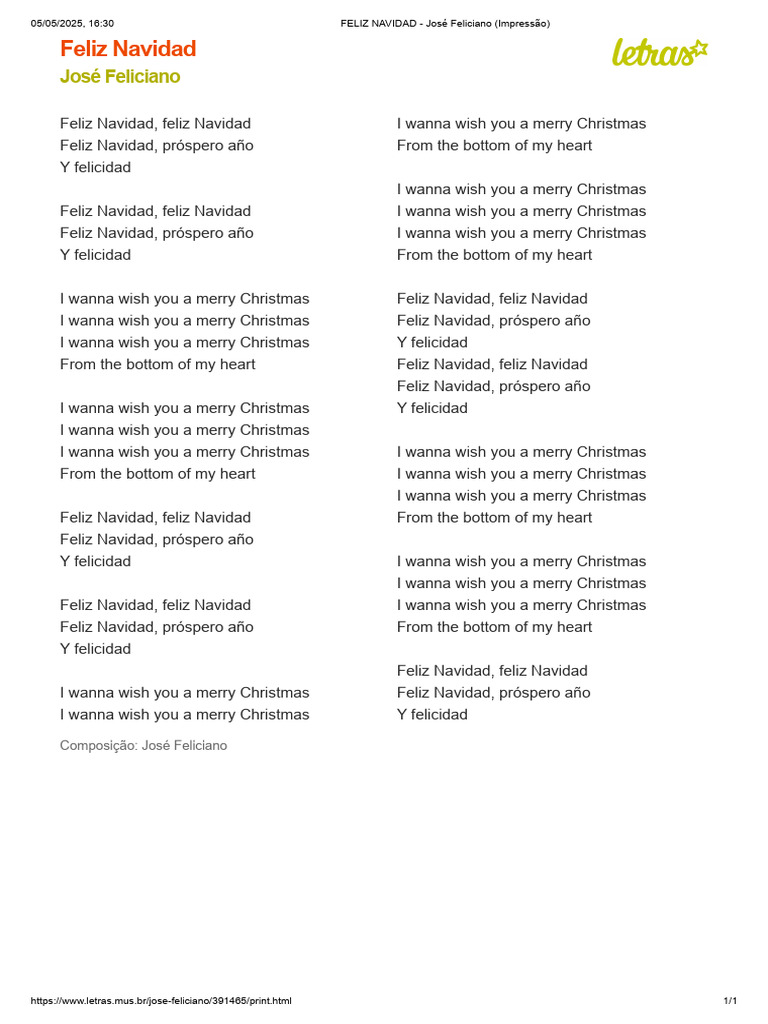FELIZ NAVIDAD - José Feliciano (Impressão) | PDF | Artículos de música ...