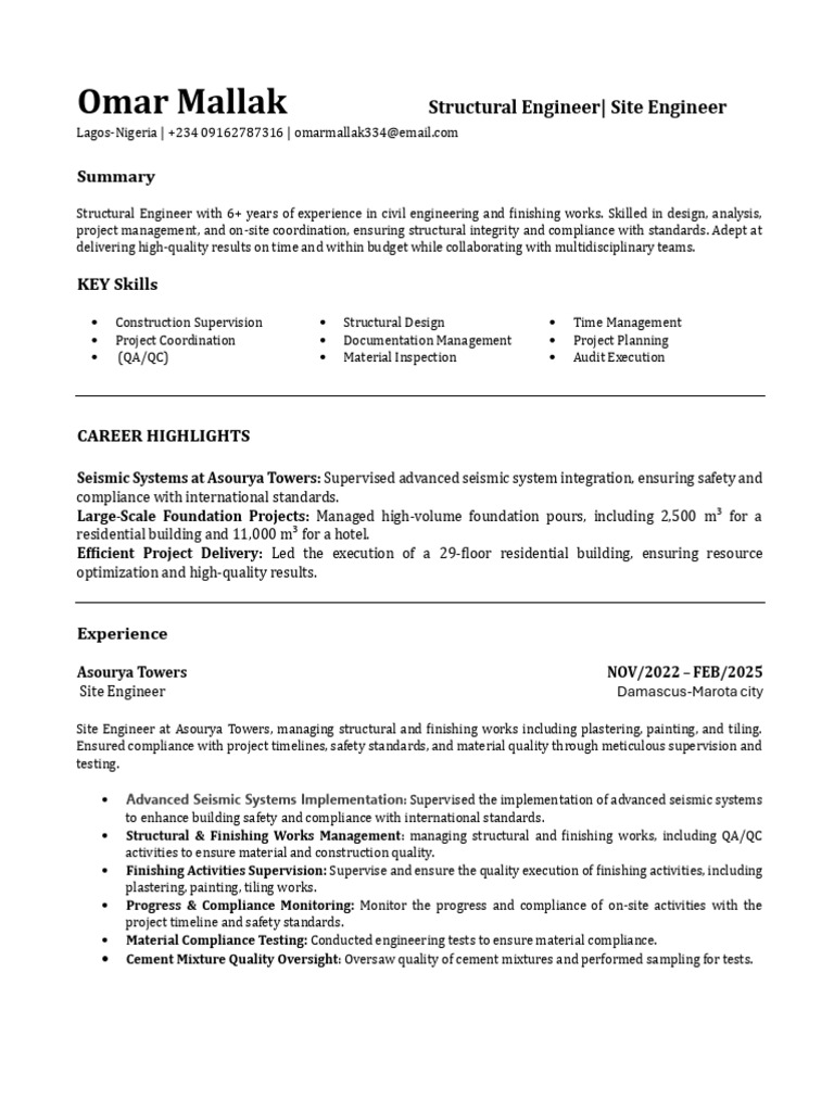 Omar Mallak Structural Engineer CV | PDF | Quality Assurance | Regulatory Compliance