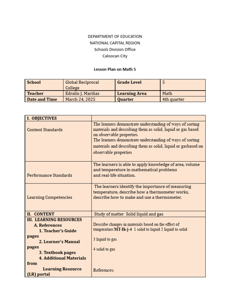 Mariñas, Edralin (Lesson Plan - Solid, Liquid & Gas) | PDF | Learning ...