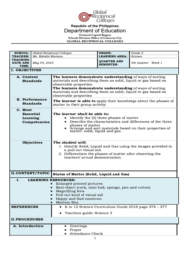 Tsci Lesson Plan (Marinas, Edralin j. ) | PDF | Phase (Matter) | Liquids