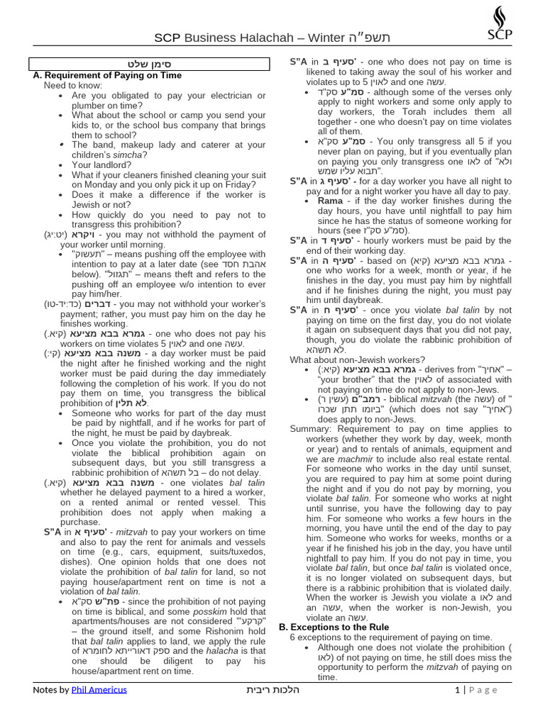 SCP-Z13-Summary-Business-Halachah Complete | PDF | Loans | Interest