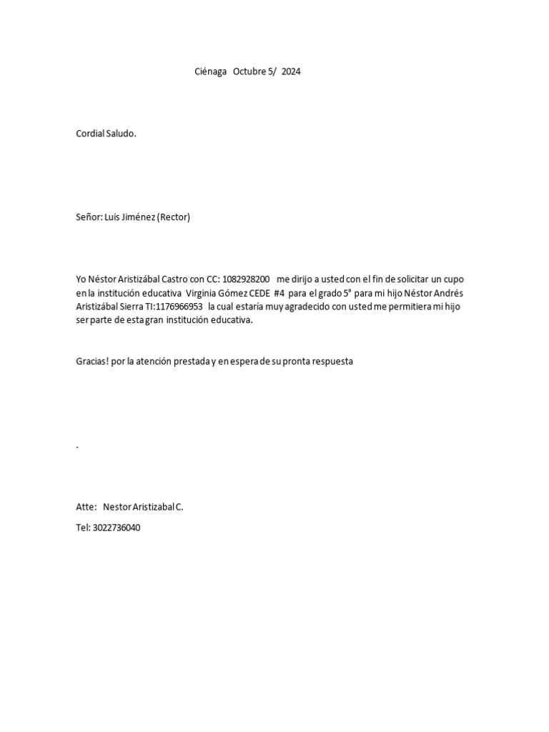 Solicitud de cupo para grado 5° | PDF