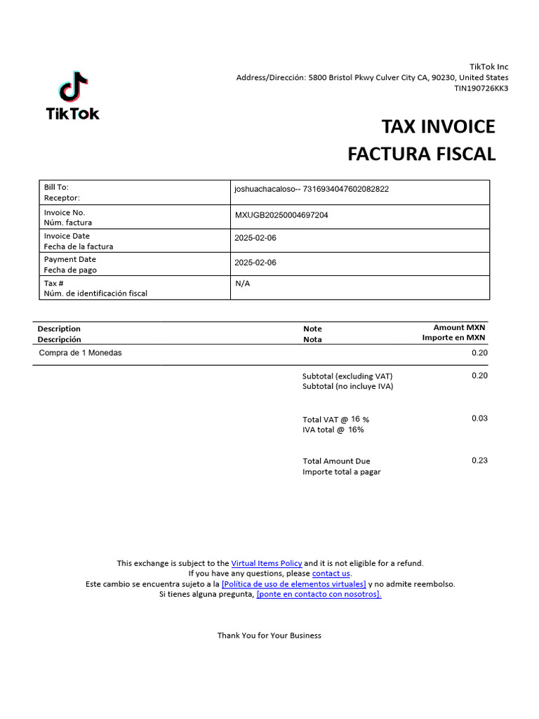 Tax Invoice Factura Fiscal: Joshuachacaloso - 7316934047602082822 ...