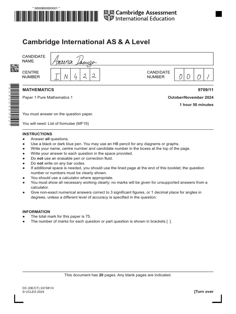 9709/11 Pure Mathematics Paper 2024 | PDF | Tangent | Mathematics