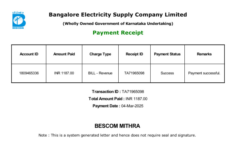 BESCOM Mithra Payment Receipt-1809465336-75132887 | PDF