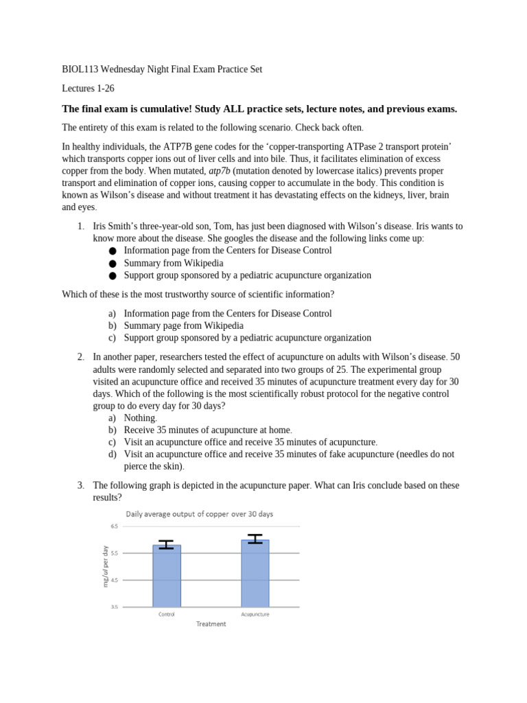 BIOL113 Wednesday Night Final Exam Practice Set UPDATED Fall 23 | PDF ...