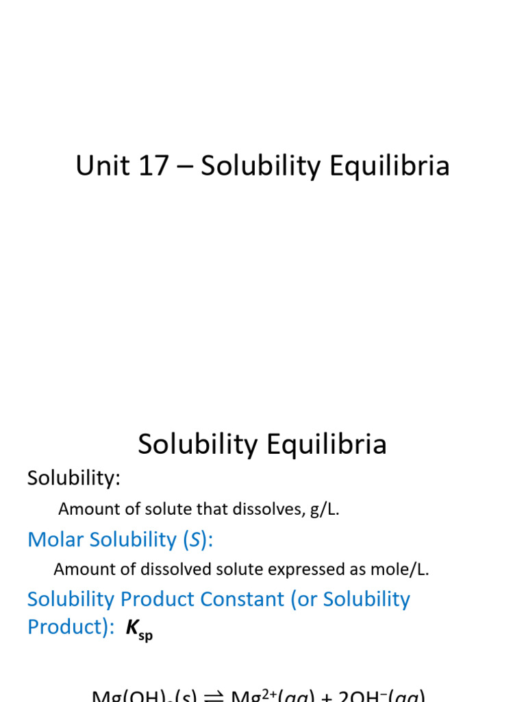 CHEM105 - Spring 2024 - Unit 17 - Solubility Equilibria - Updated | PDF | Hydroxide | Solubility