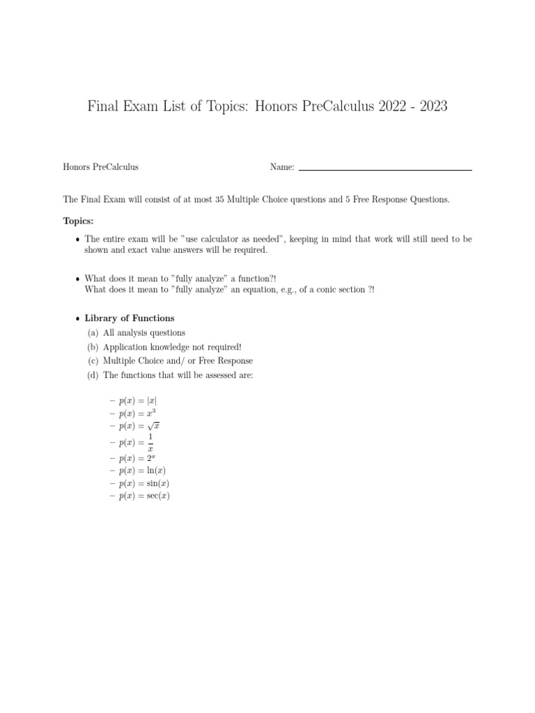 Honors PreCalculus Final Exam Topics | PDF | Trigonometric Functions ...
