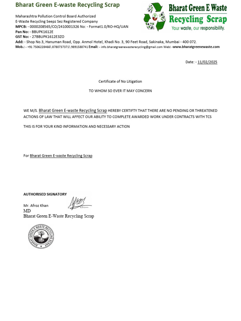 Certificate of No Litigation | PDF