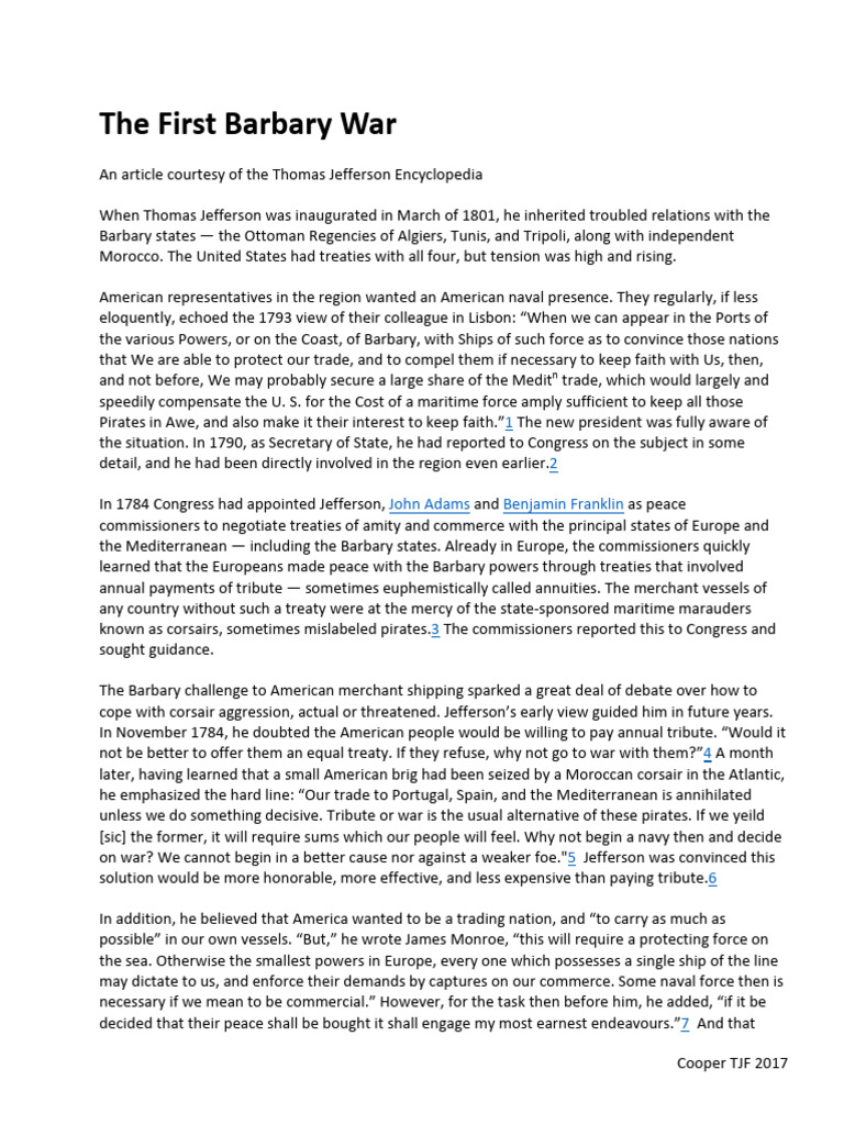 Jefferson and Barbary War Article On Barbary War | PDF | Water ...