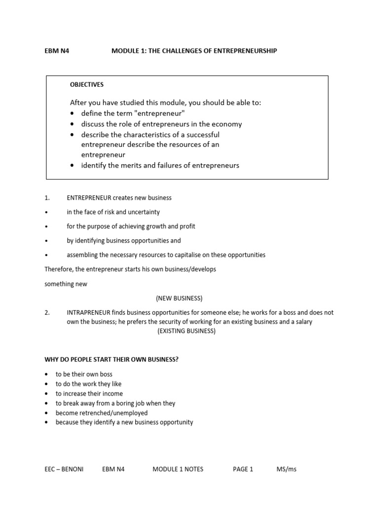 Ebm n4 Module 1 Notes PDF | PDF | Entrepreneurship | Business Economics