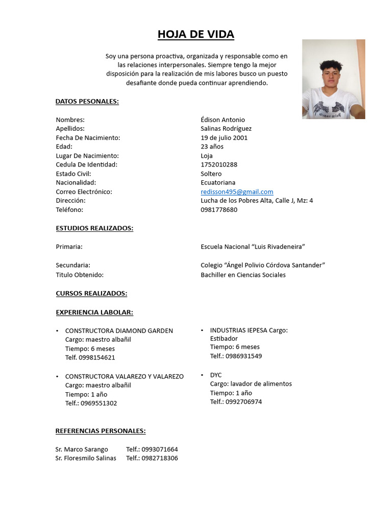 Hoja de Vida Sr. Edison. | PDF