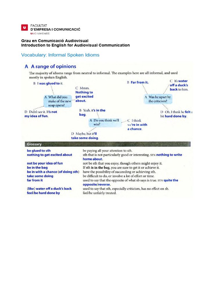 Informal Spoken Idioms CLASS ANSWERS | PDF