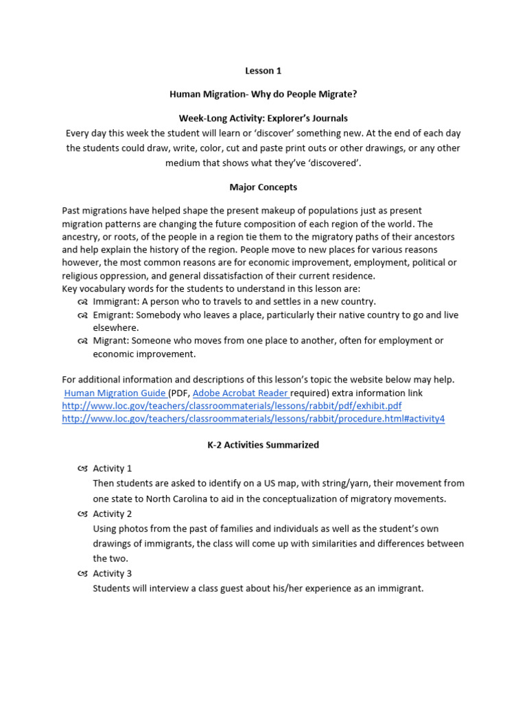 Social Studies Movement Lesson 1 | PDF | Human Migration | Immigration