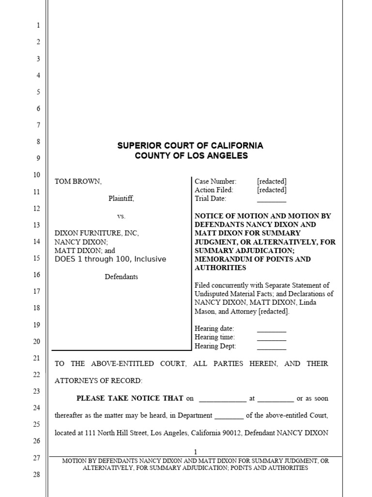Sample Motion For Summary Judgment | PDF | Summary Judgment | Cause Of ...
