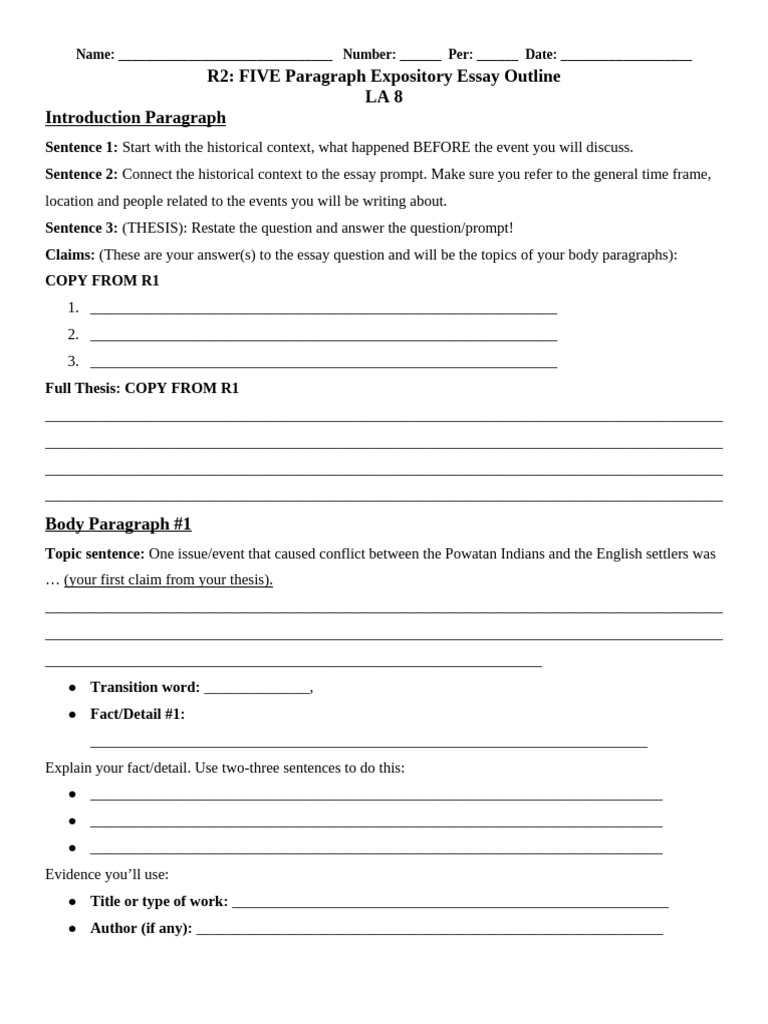 R2: FIVE Paragraph Expository Essay Outline LA8 Introduction Paragraph | PDF | Essays | Paragraph