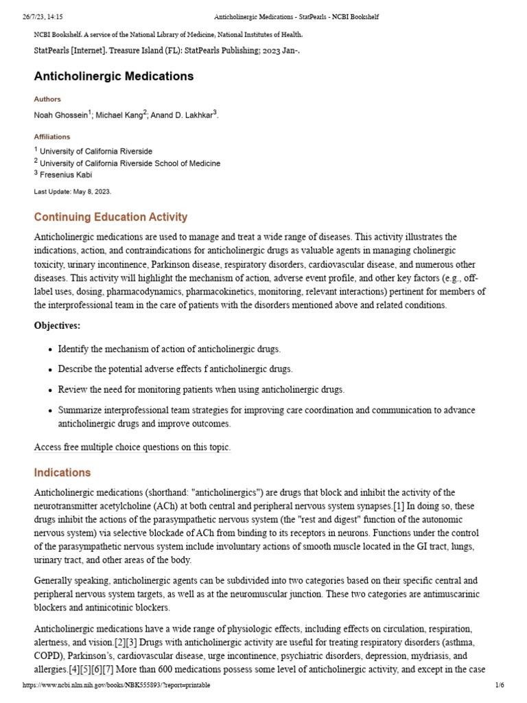 Anticholinergic Medications Overview | PDF | Acetylcholine