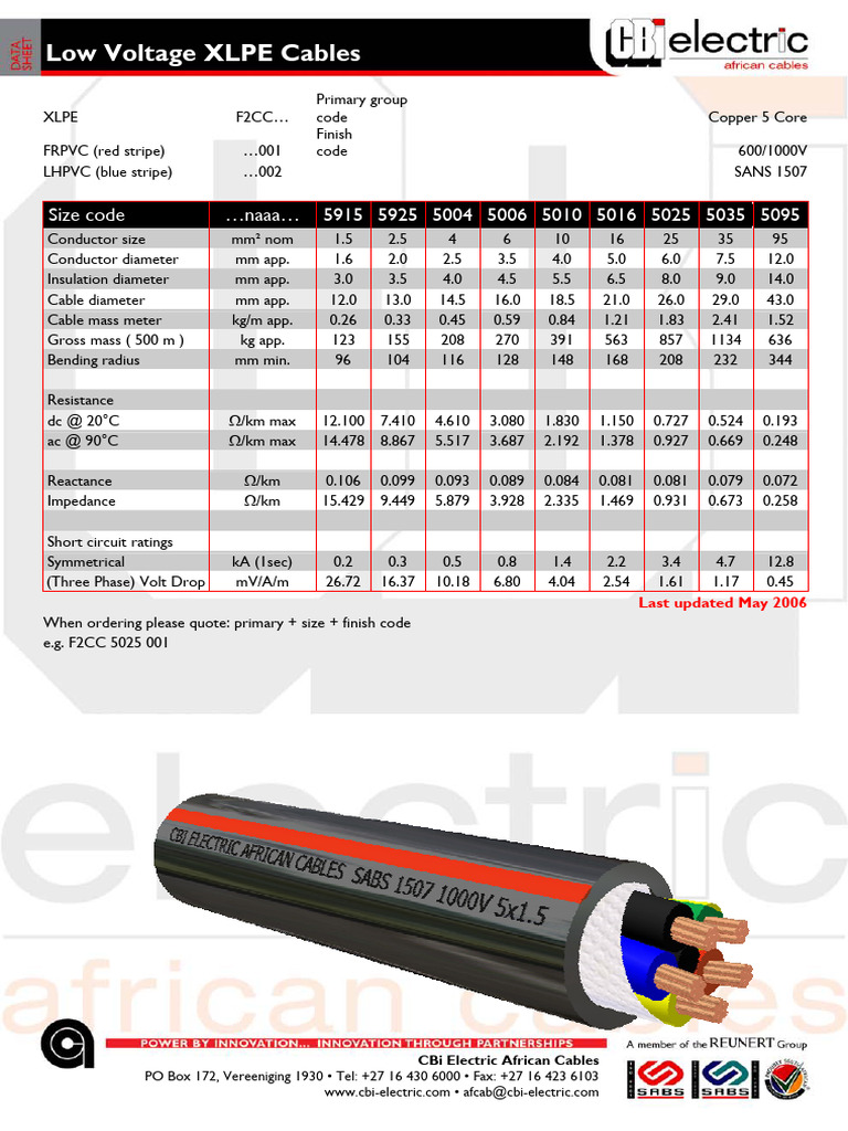 1kv LV Xlpe Copper 5 Core Armoured 1 5mm To 95mm | PDF | Alternating ...