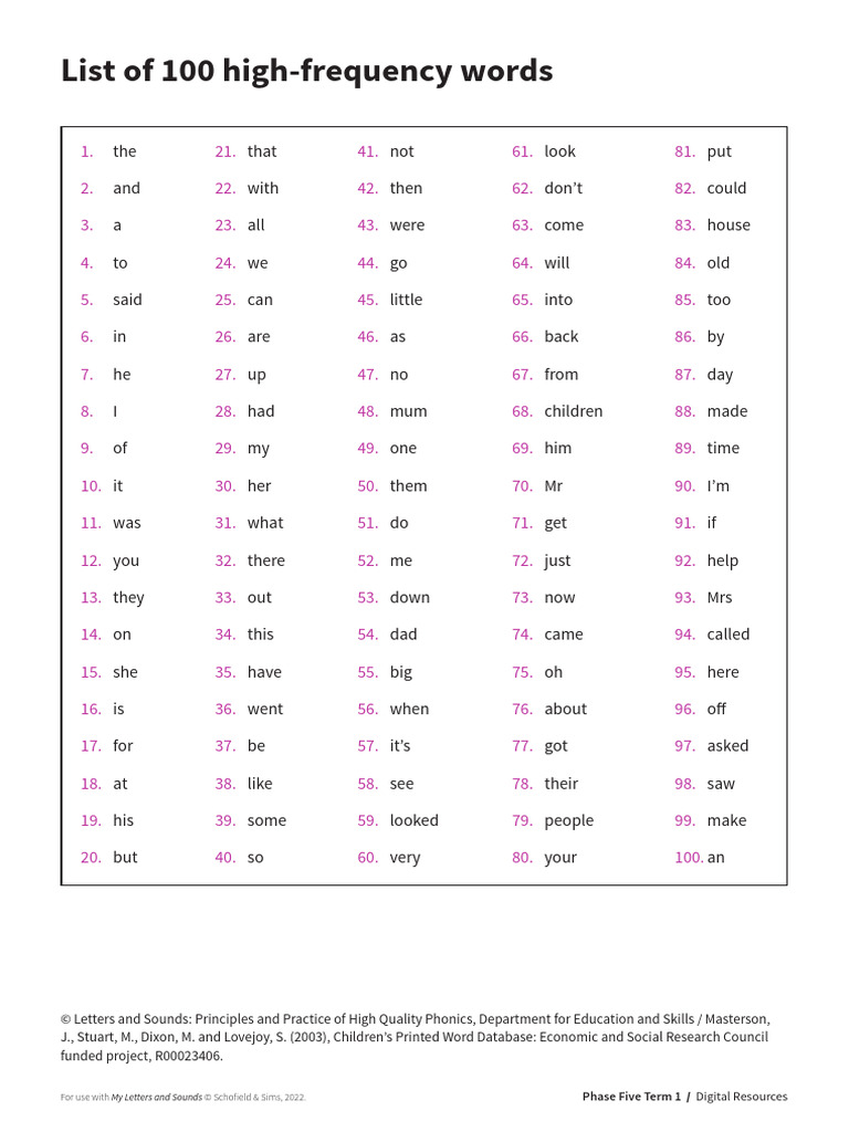 My Letters and Sounds - Phase Five List of 100 High-Frequency Words | PDF