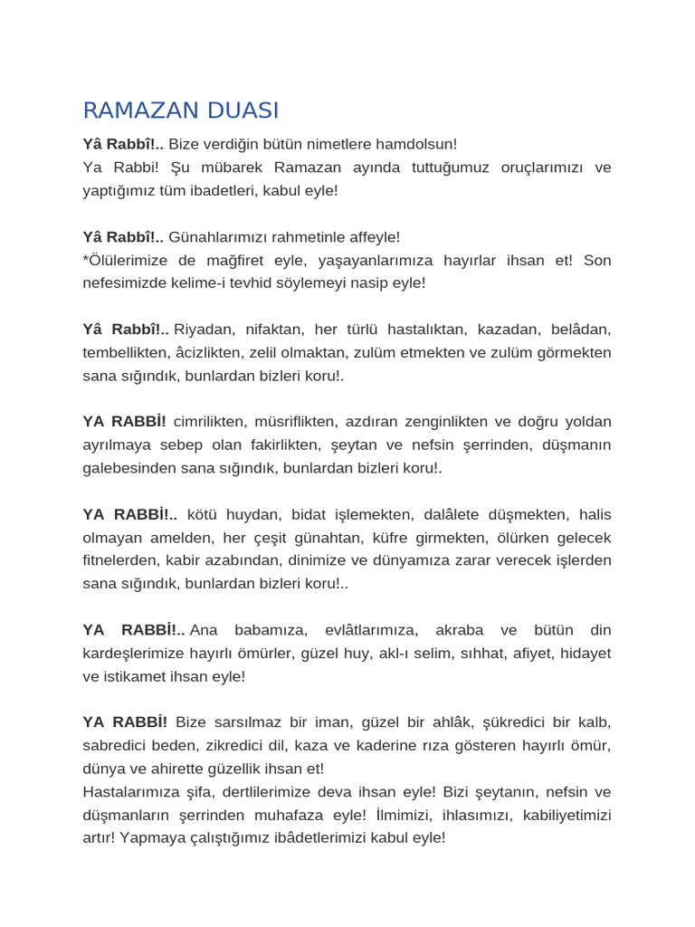 Ramazan Duasi: Yâ Rabbî!. | PDF