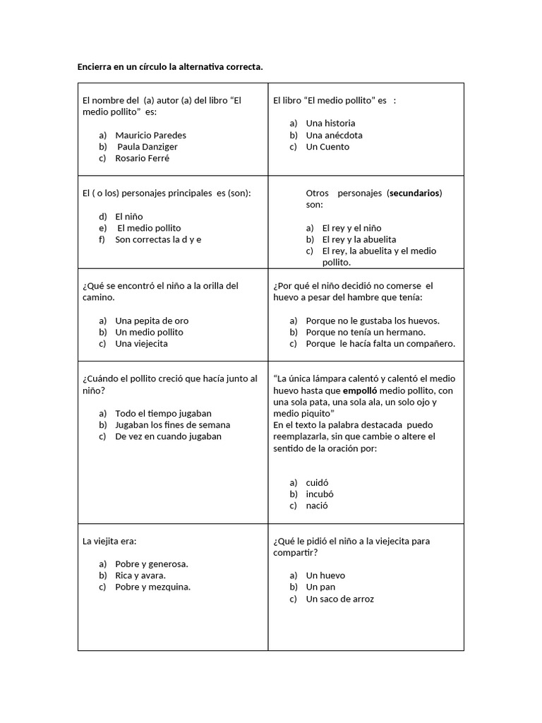 Preguntas sobre "El medio pollito" | PDF