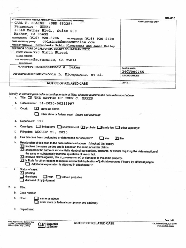 Klomparens Lawsuit Notice of Related Case | PDF
