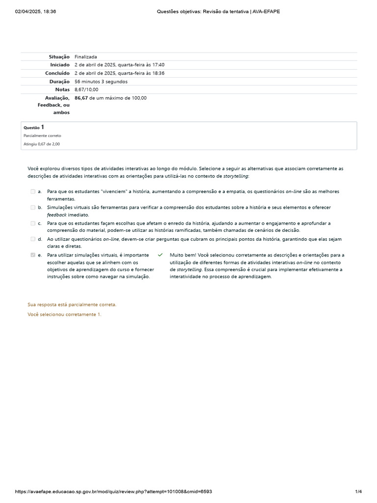 Storttelling Questões Objetivas - Módulo 2 - AVA-EFAPE | PDF | Aprendizado | Competência ...