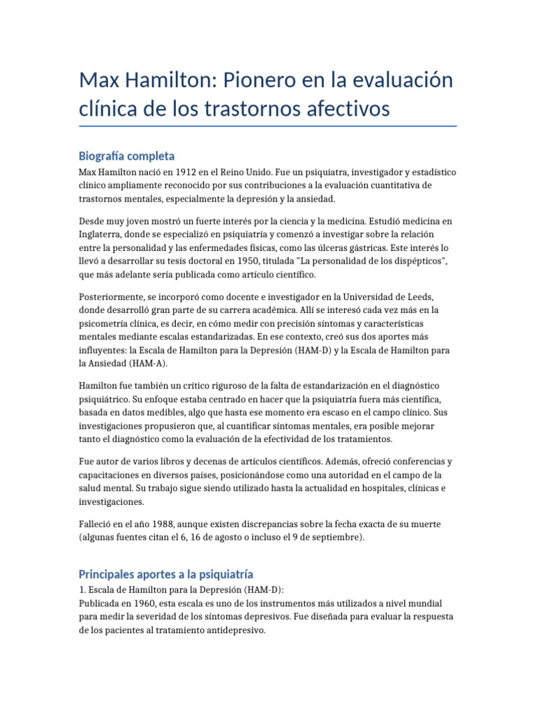 Max Hamilton: Pionero en Psiquiatría | PDF | Ansiedad | Trastorno ...