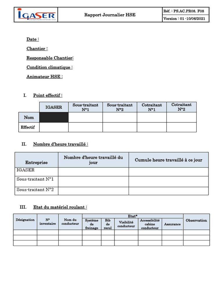 Rapport Journalier HSE - Chantier | PDF | Sécurité
